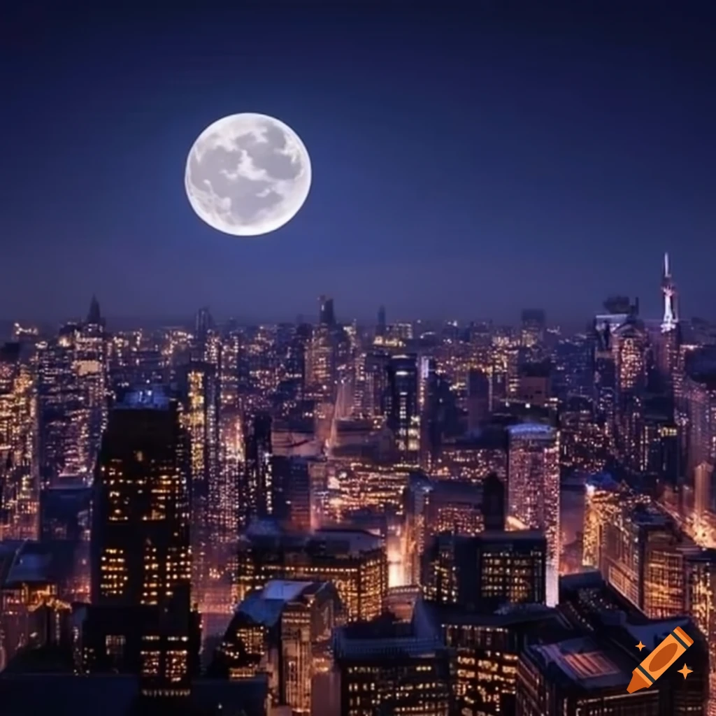 City skyline illuminated by moonlight on Craiyon