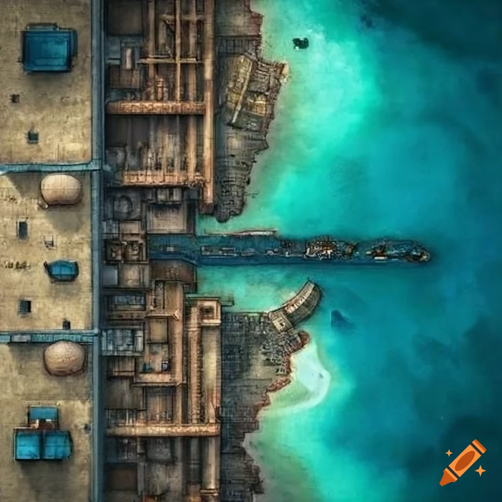 Detailed city seawall battlemap with dry docks below on Craiyon