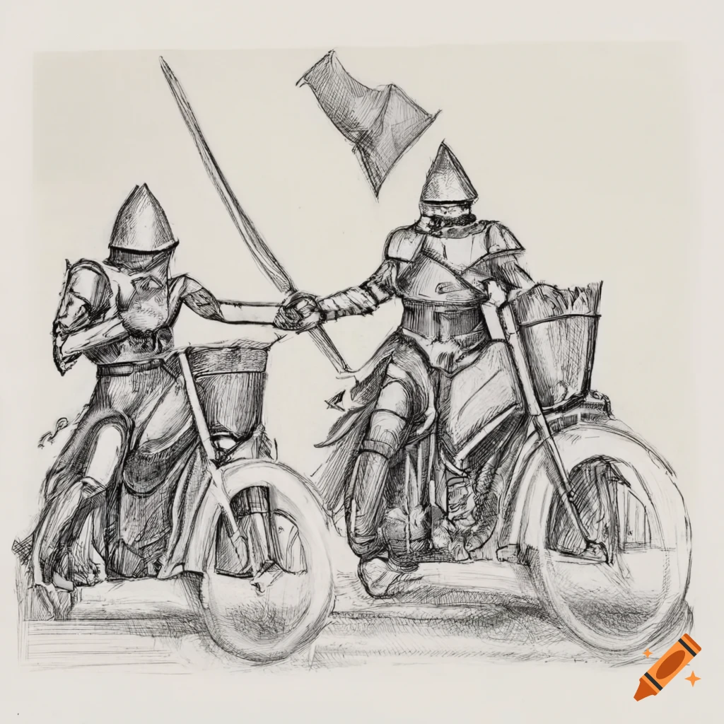 Two determined knights on motorcycles with lances in a jousting stance ...