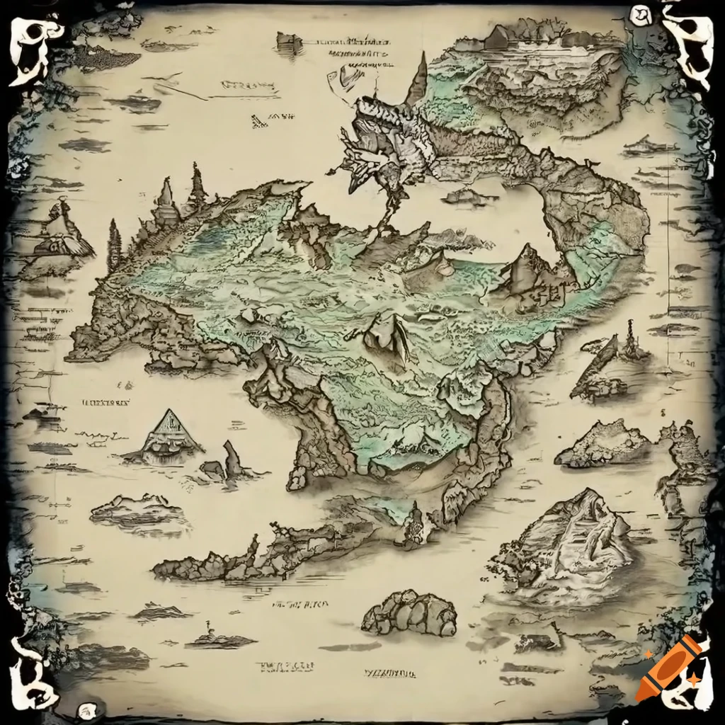 Detailed fantasy map with islands resembling a mythical dragon's form ...