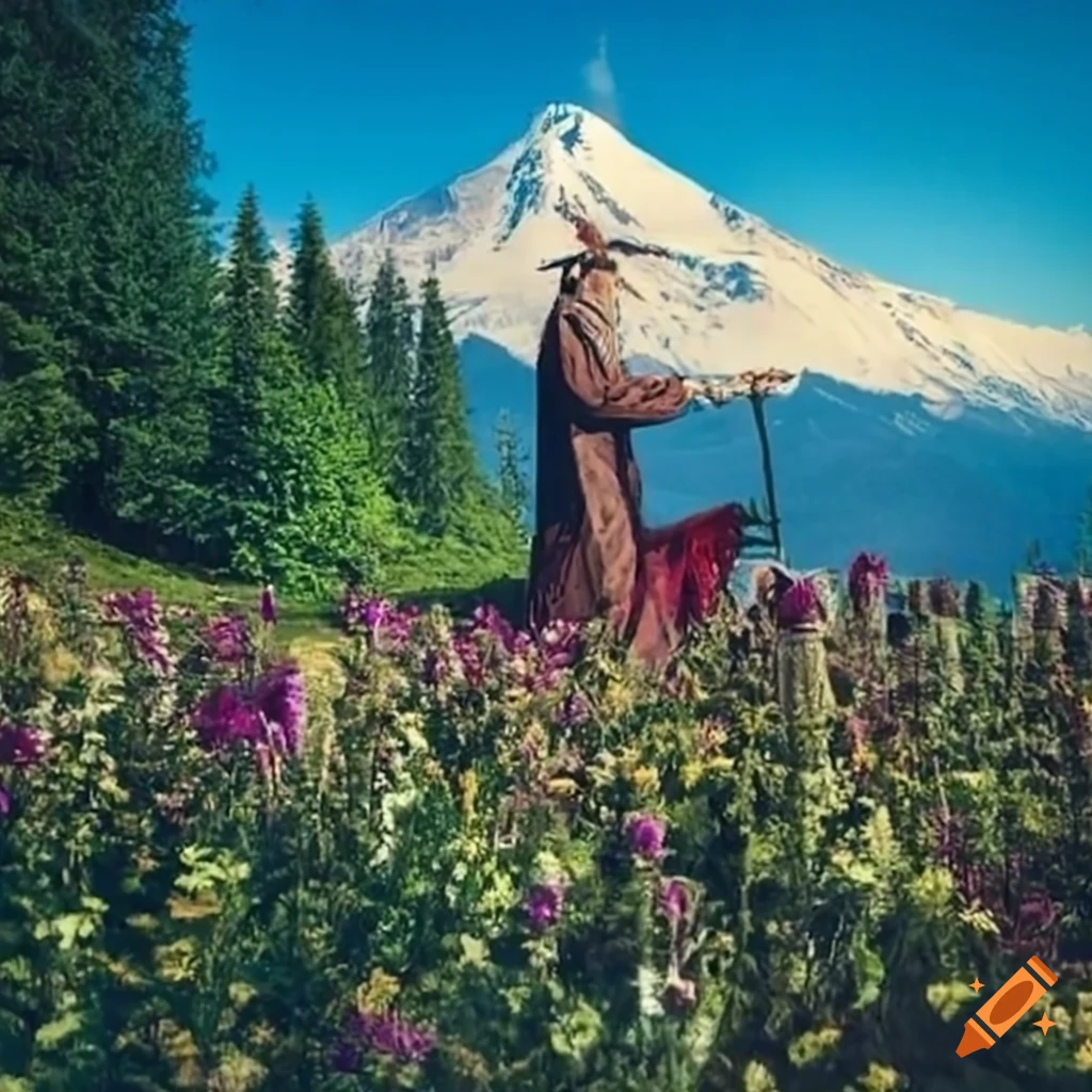 Wizard surrounded by flowers with mt. hood in the background on Craiyon