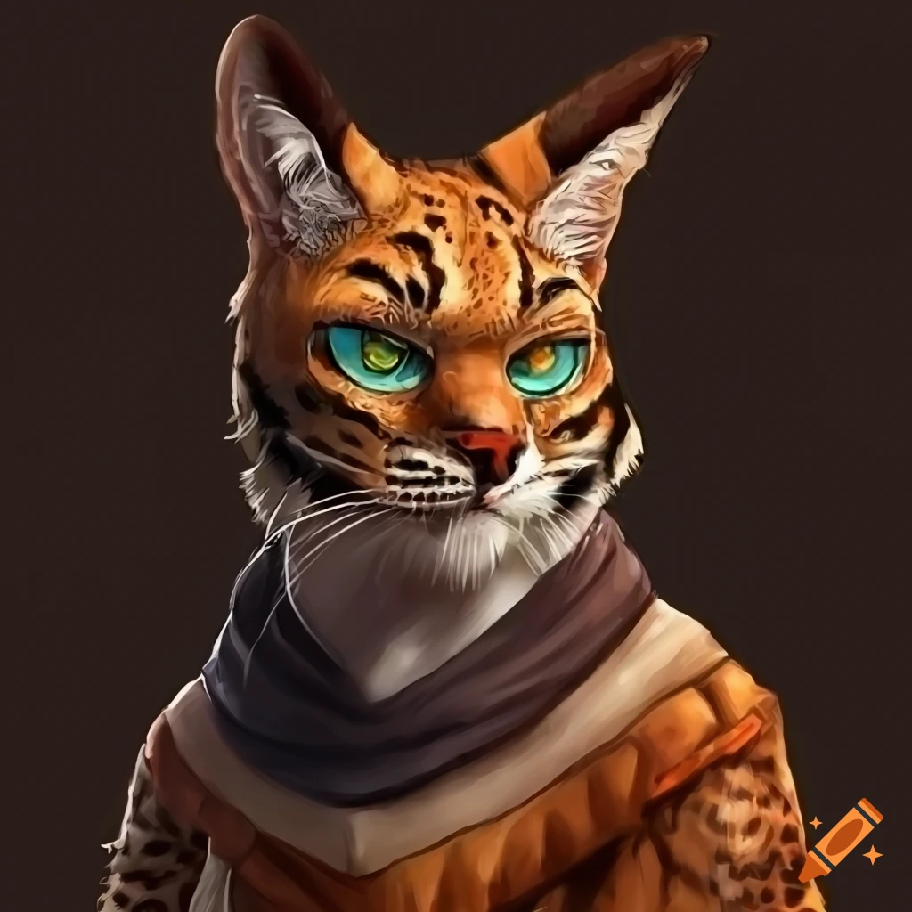 Detailed depiction of a bobcat tabaxi male wizard on Craiyon