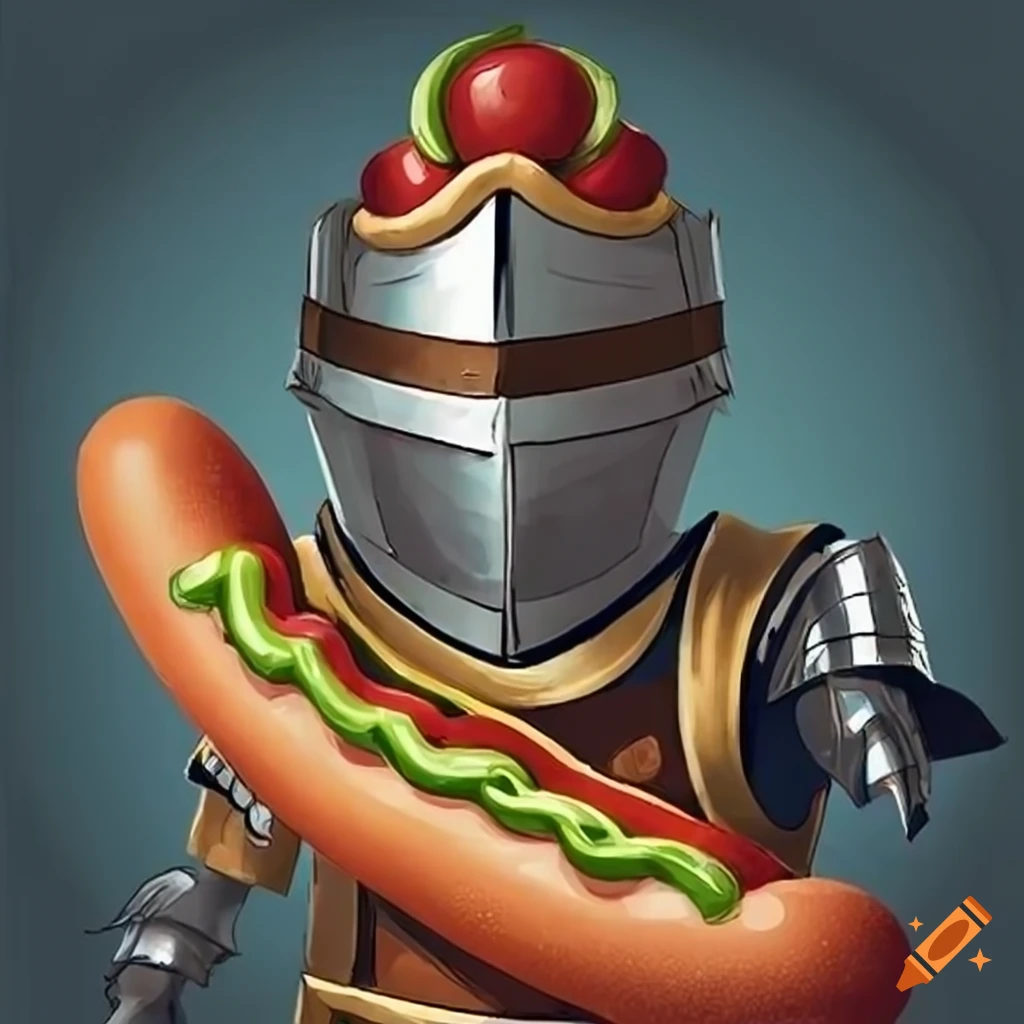 Brave hot dog character in knight's armor on Craiyon
