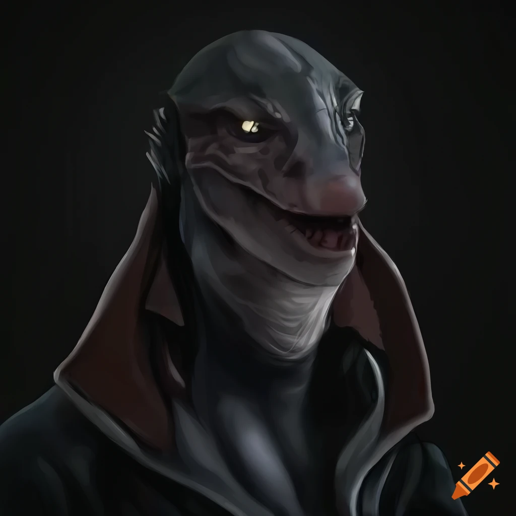Sci-fi fantasy lizard-human race man with oblong face, long neck, and ...