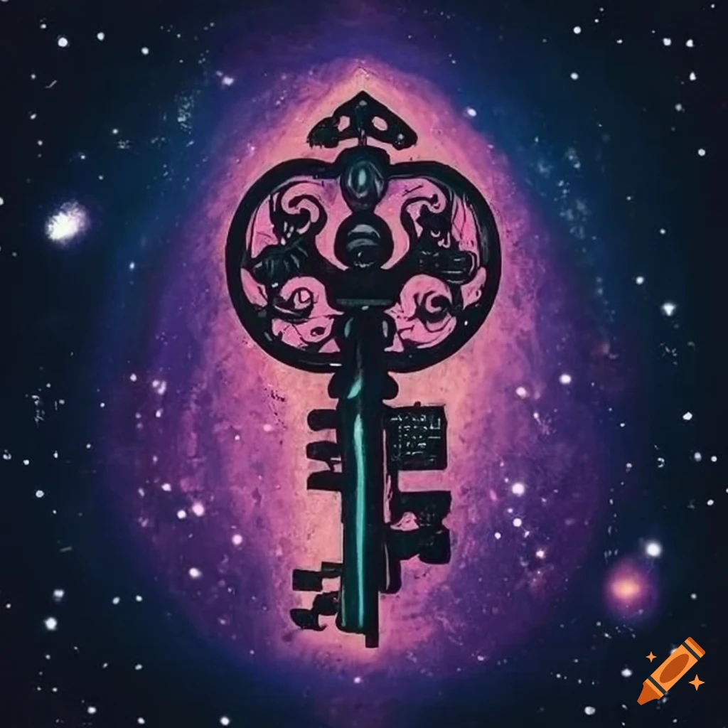 Ancient key to a cosmic gate in a woodcut ink style on Craiyon