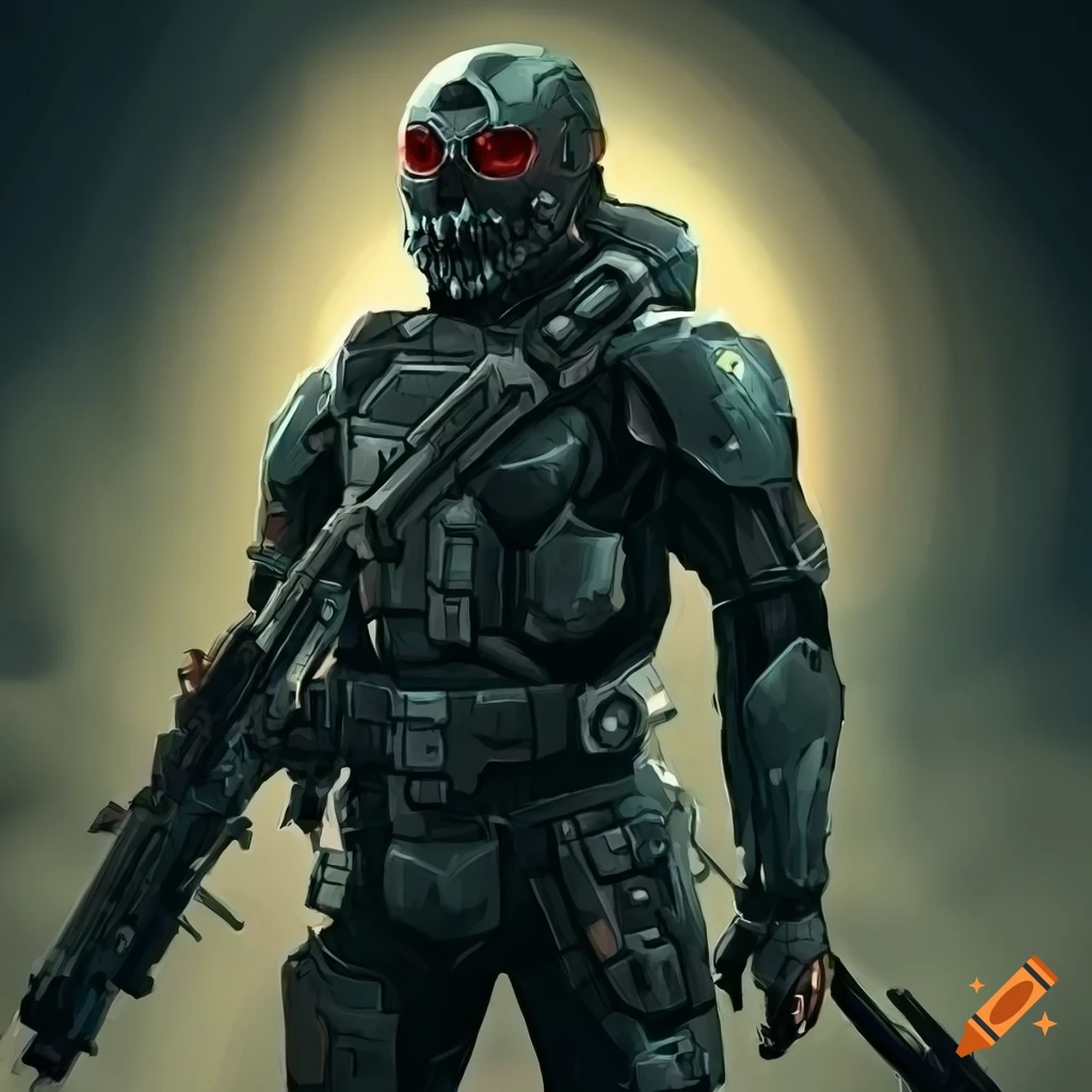 Sci-fi soldier in black armor with a skull-like helmet holding a rifle ...