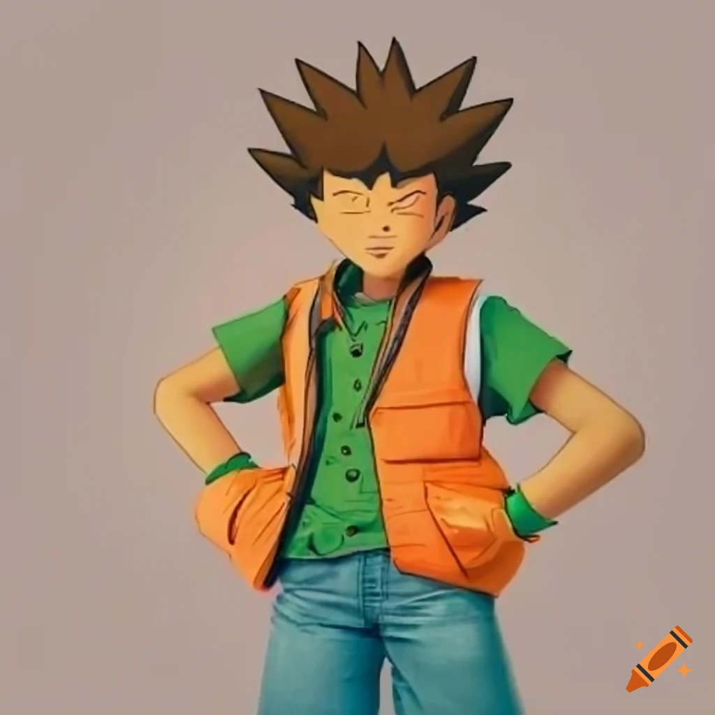 Brock from pokemon with eyes closed wearing orange vest over green ...