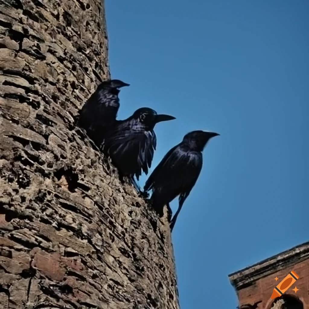 Black ravens perched on a tower wall on Craiyon