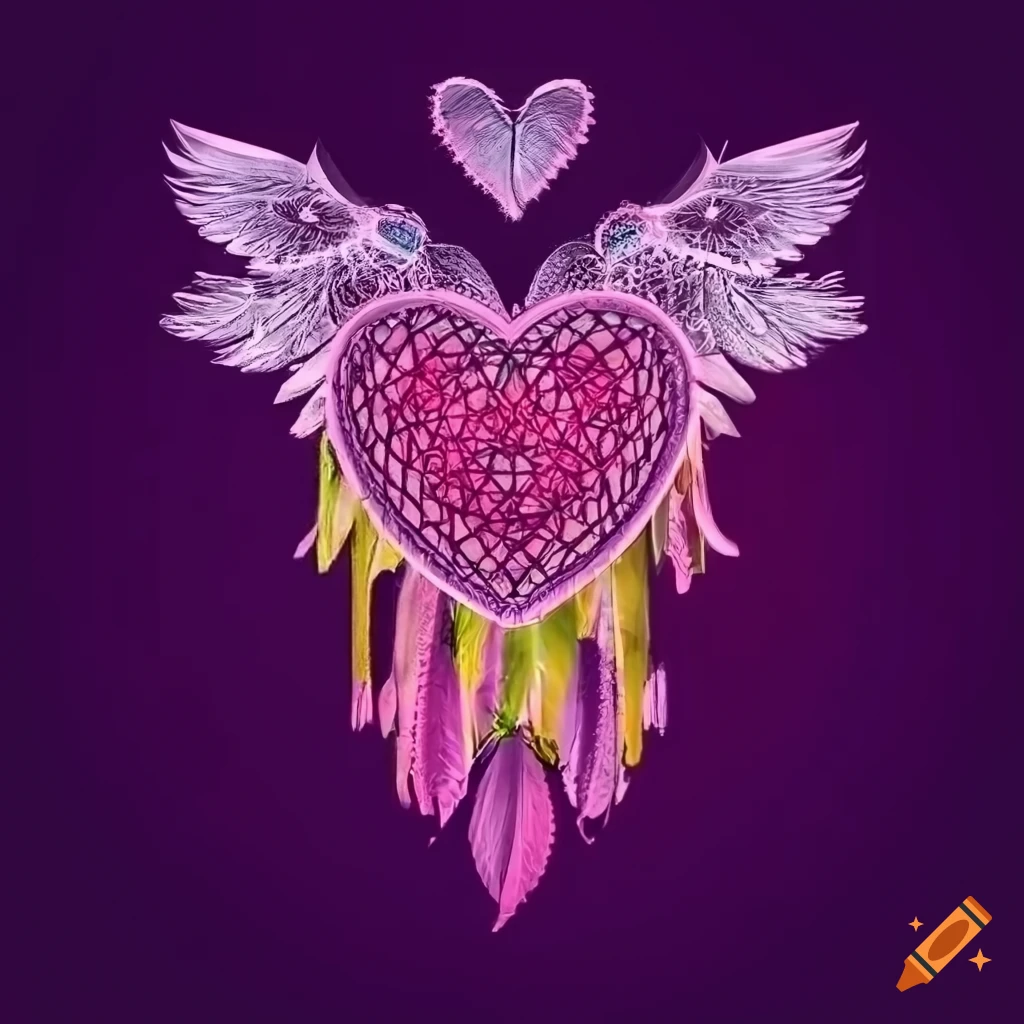 Stylized heart-shaped dream catcher with wings and intricate ribbons on ...