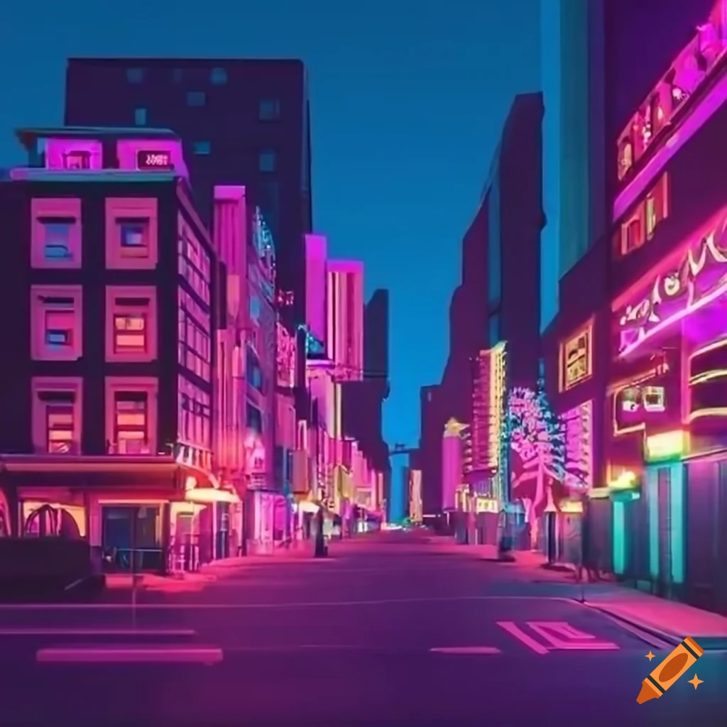 Neon signs and pastel-colored buildings in a vaporwave city at sunset ...