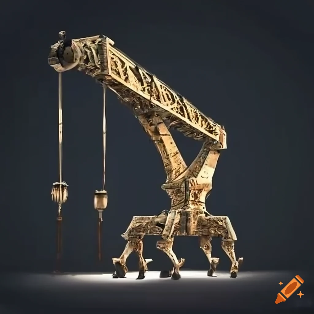 Ancient military crane with intricate design lifting heavy loads on Craiyon