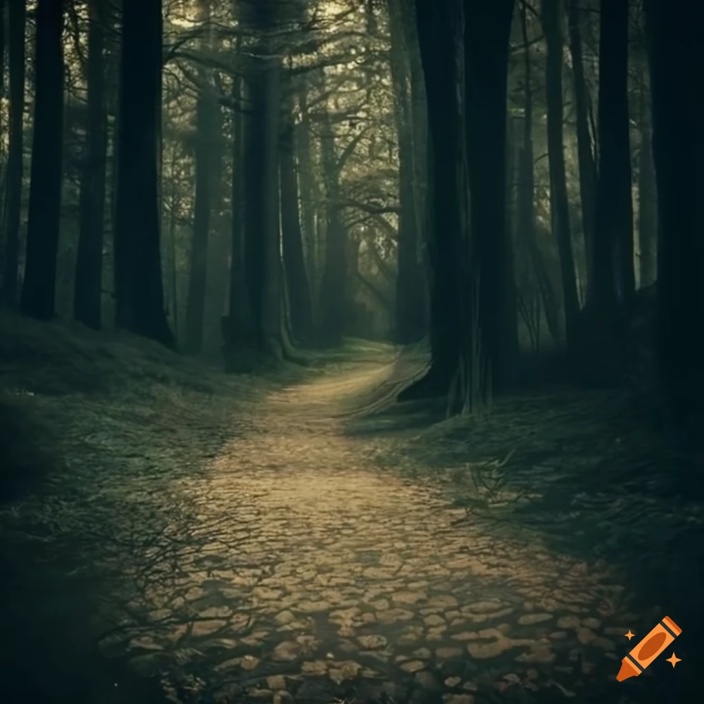 Dark vintage forest path crossroads in the woods on Craiyon