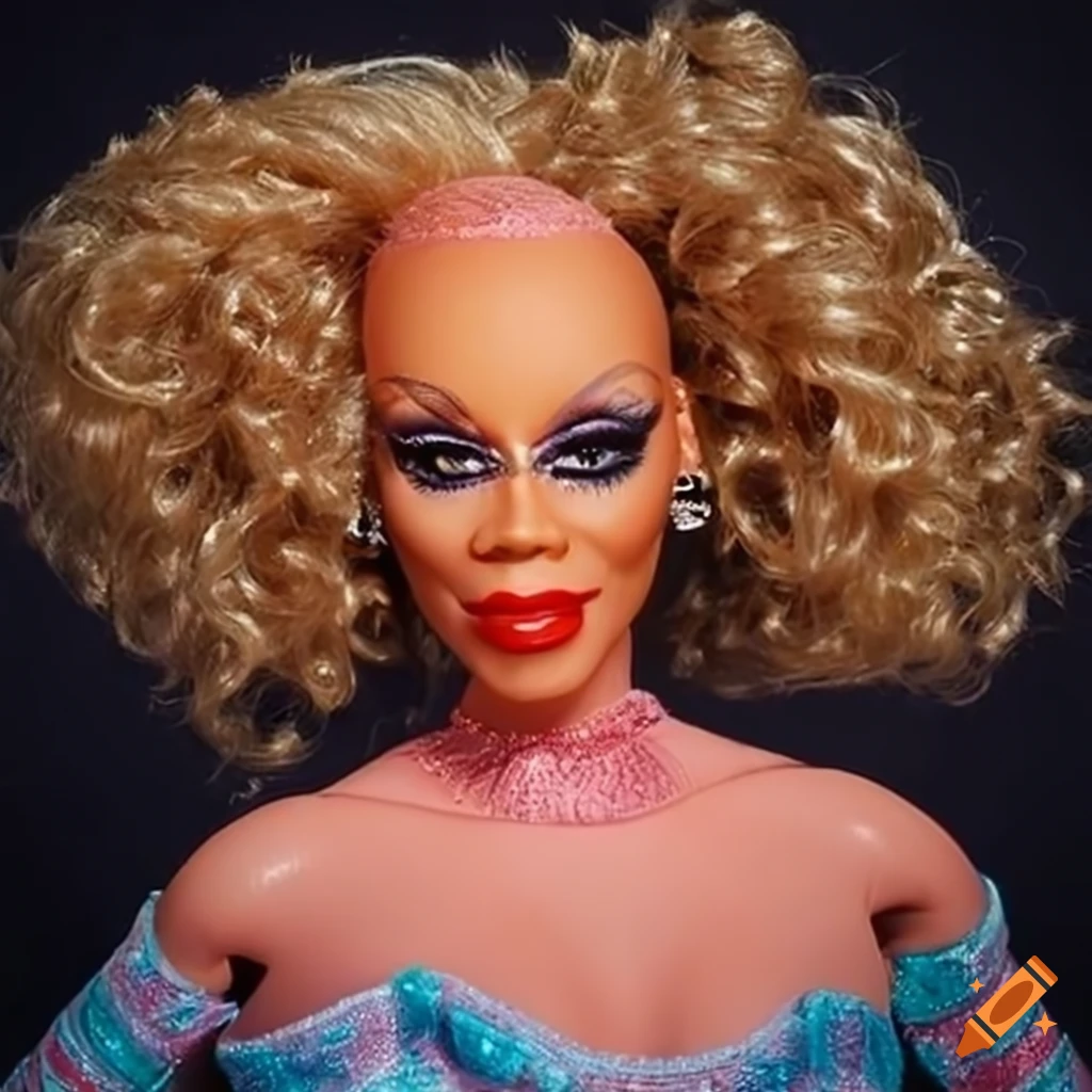 Rupaul portrayed as a shiny plastic silicone doll on Craiyon