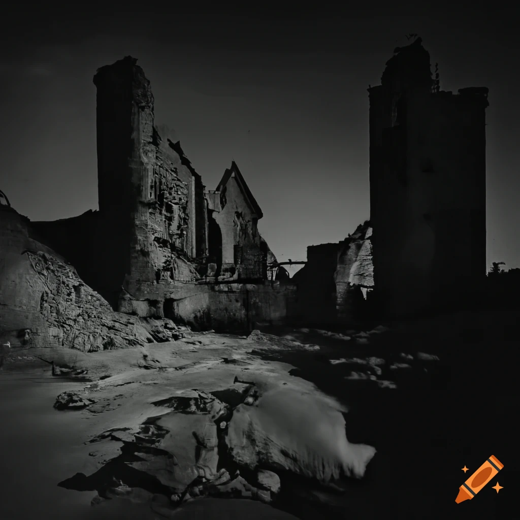 WW2 ruins with gradient black to white emphasizing deeper tones on Craiyon