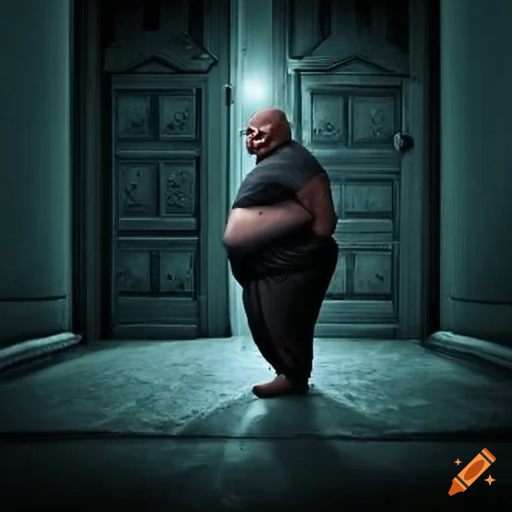 Overweight person entering a dark door on Craiyon