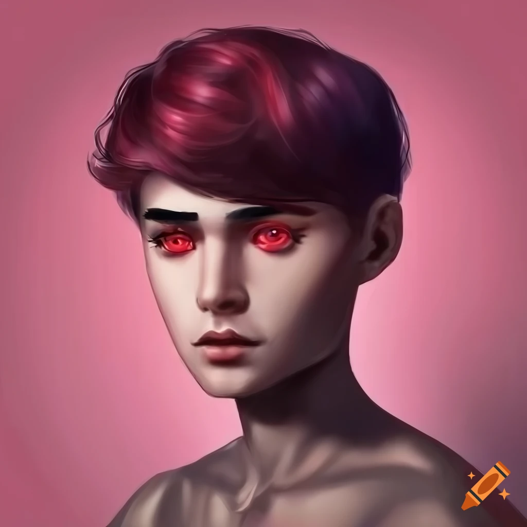Male doll beauty with fair skin, dark hair, and vibrant red eyes in ...