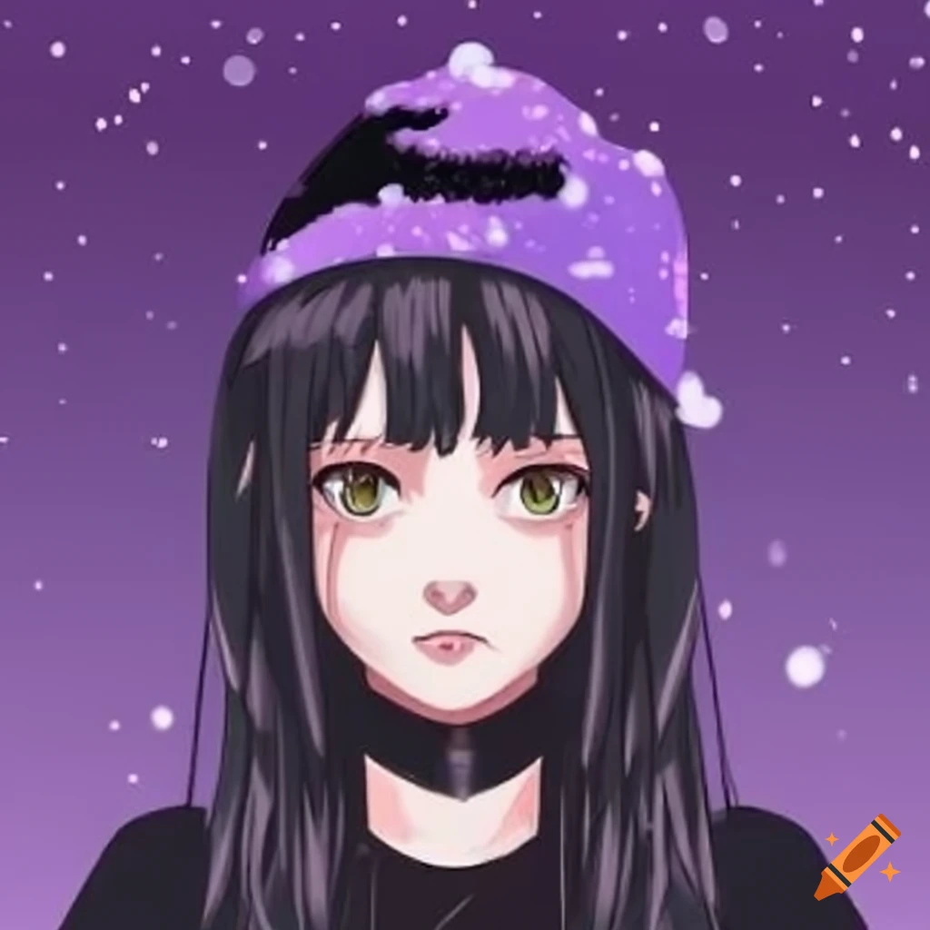Edgy anime girl in black attire with a purple snow hat and poker face ...