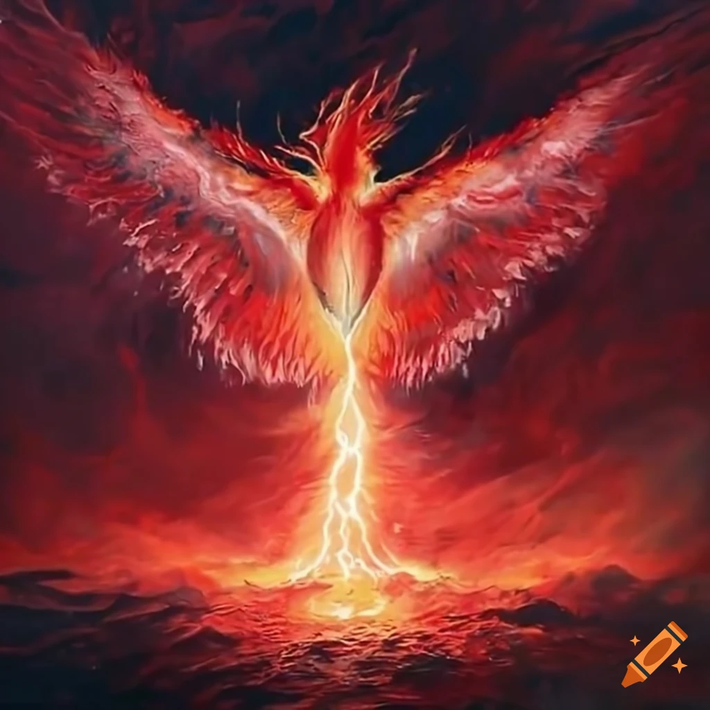 Impressive firebird painting in a red lightning storm on Craiyon