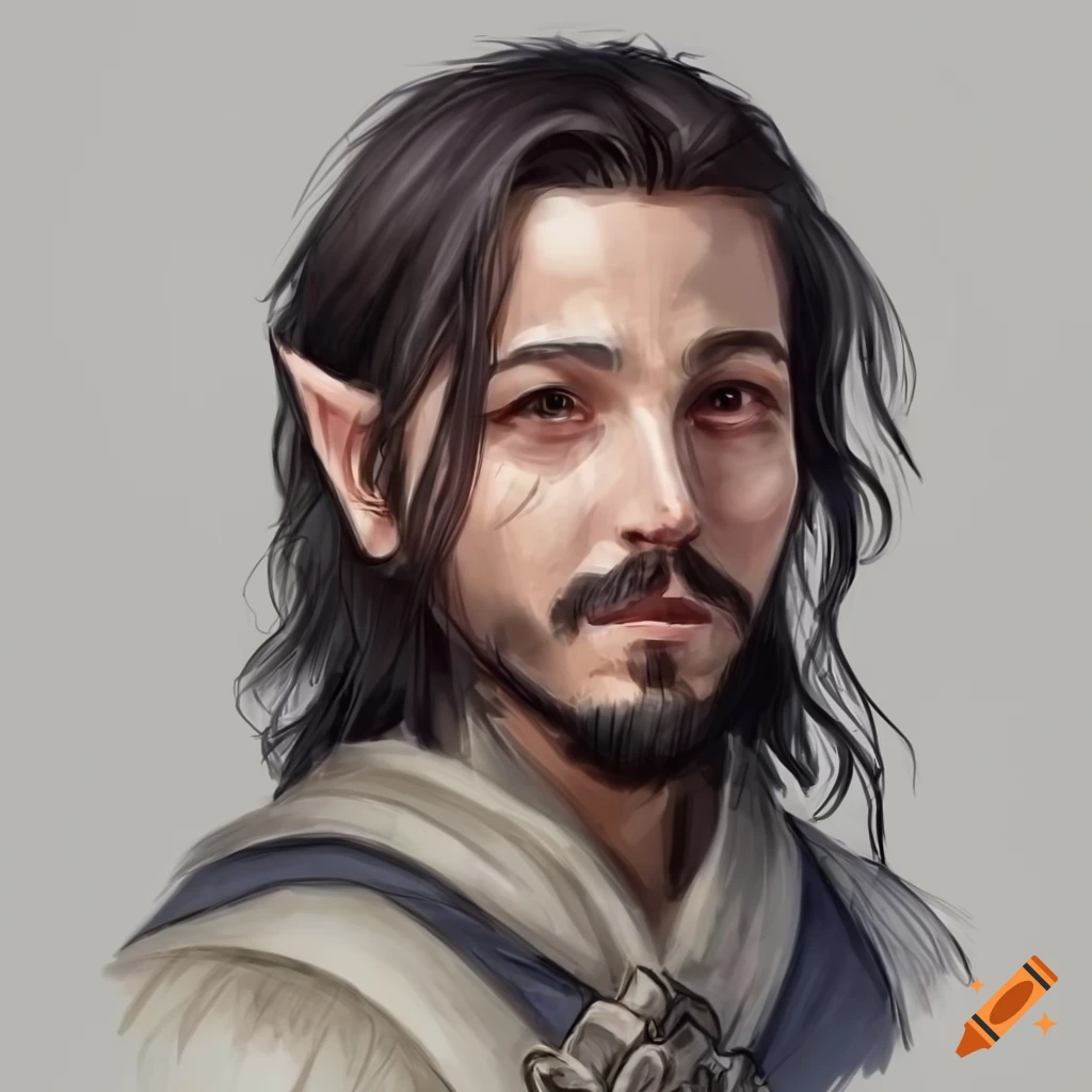 Pencil drawing of a male half-elf rogue in medieval attire with a ...