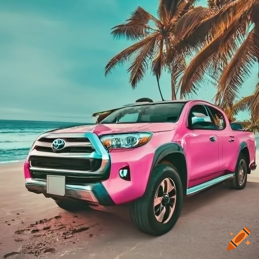Pink toyota pick-up parked near a beach with palm trees on Craiyon