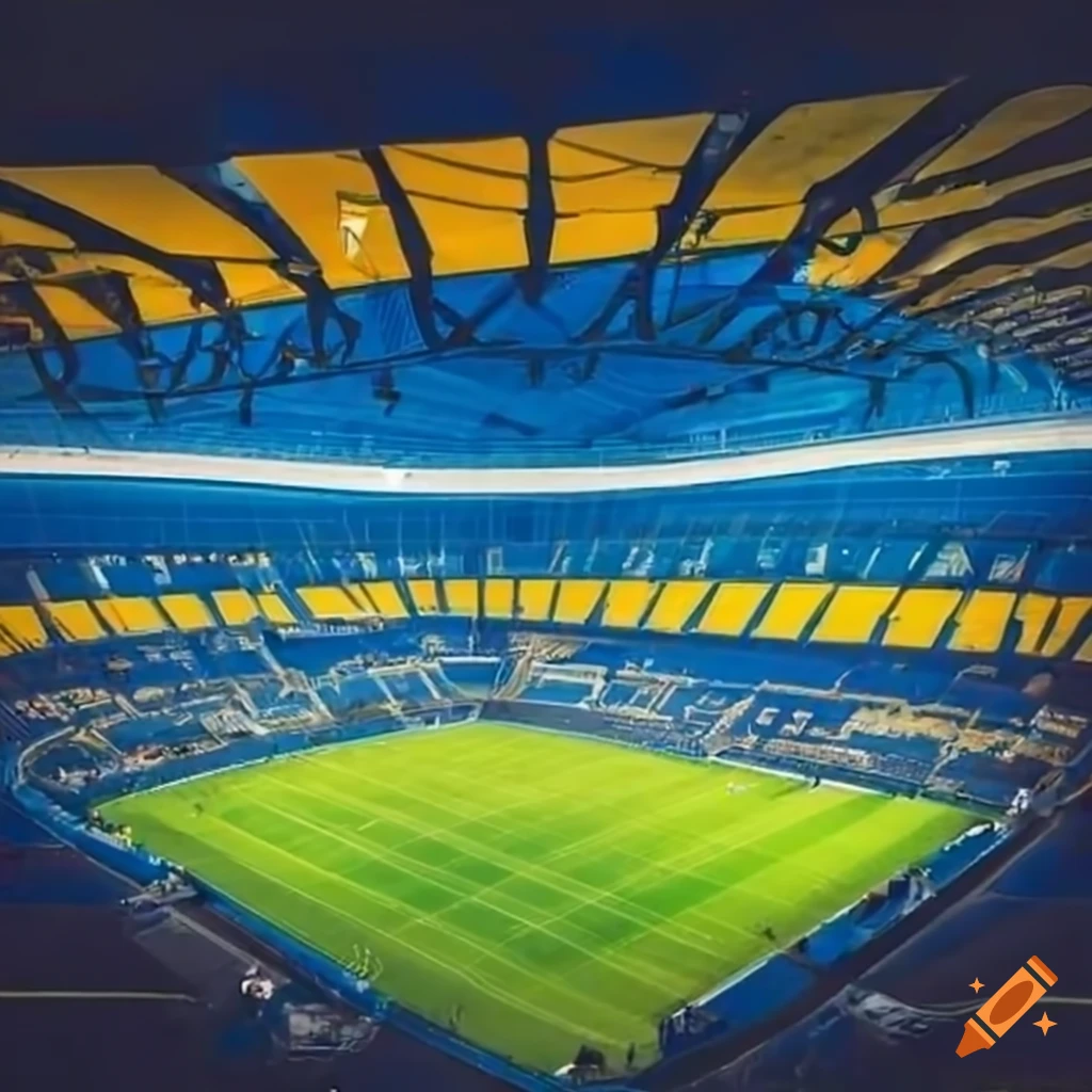 Aerial view of a blue and yellow team's soccer stadium on Craiyon