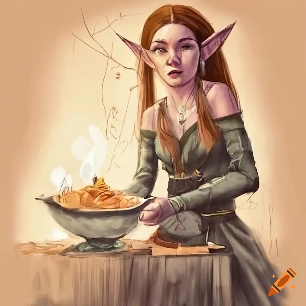 Elegant elf woman preparing a meal in a woodland cabin on Craiyon