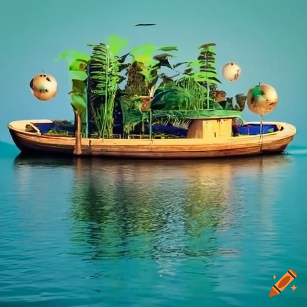 Giant boat crafted from plants floating on water on Craiyon