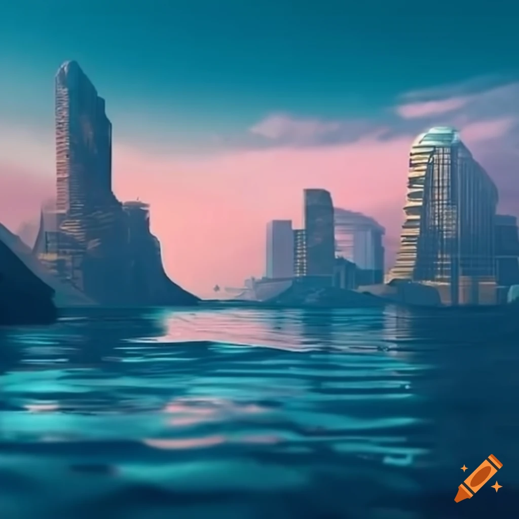 Futuristic city built in cliffs overlooking the sea on Craiyon