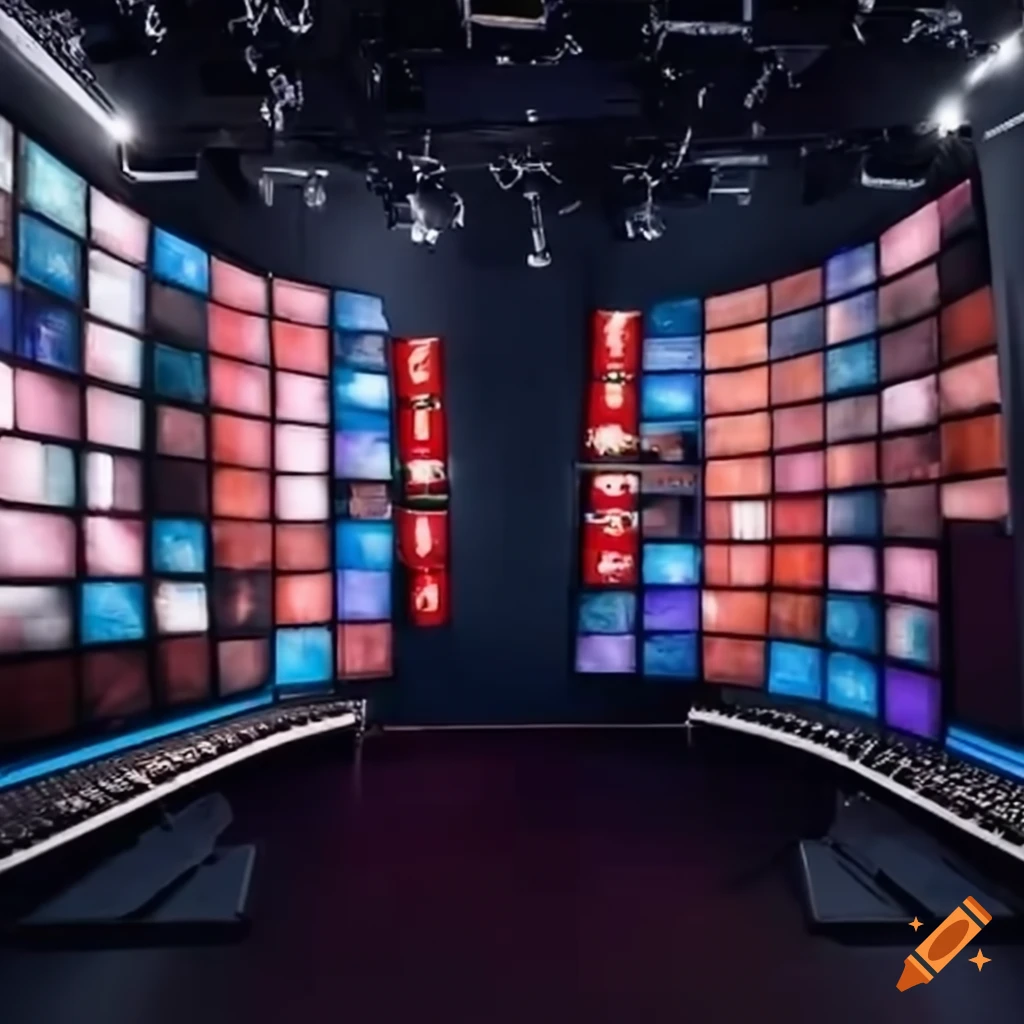 Tv studio with multiple screens displaying a show on Craiyon
