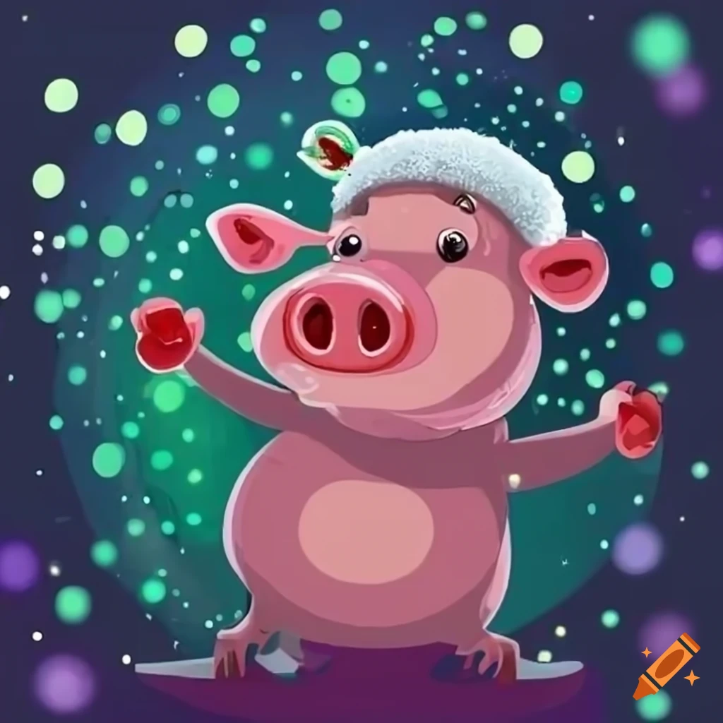 Adorable cartoon pig in frog-shaped winter hat dancing in disco on Craiyon