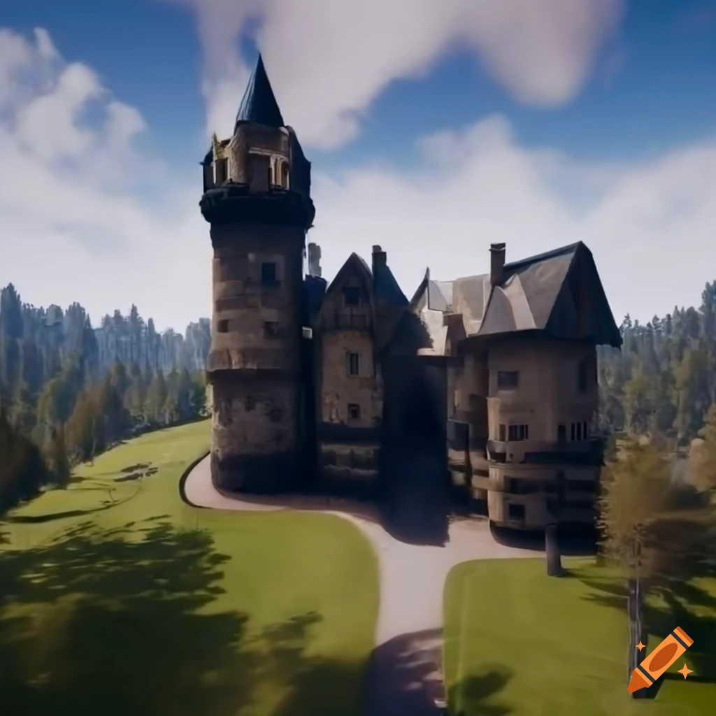 Aerial view of a beige australian castle with a black roof surrounded ...