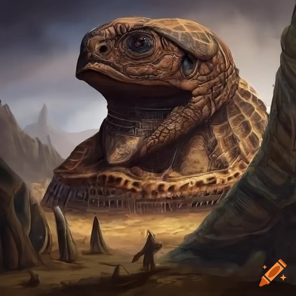 Mythological depiction of tortoise controlling Earth's geology on Craiyon