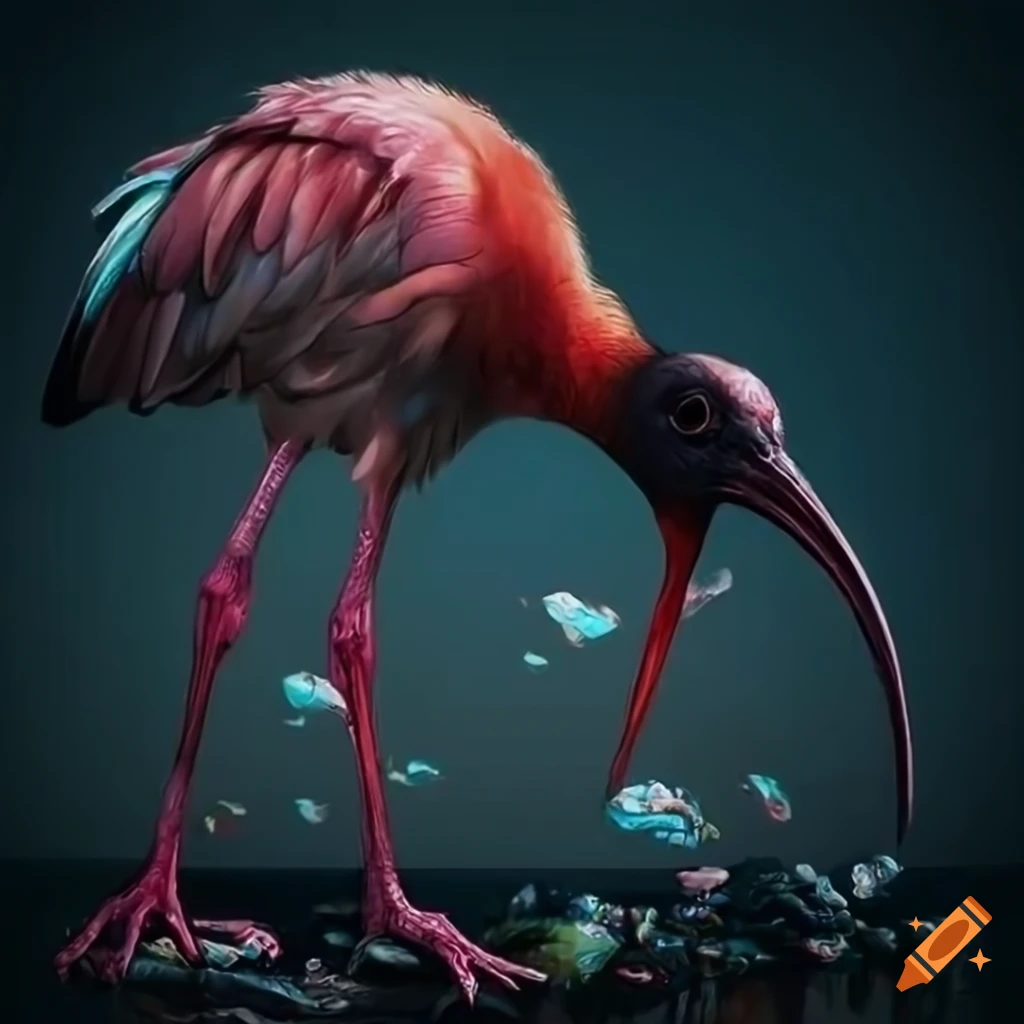 Ibis feeding on trash in a cyberpunk setting on Craiyon