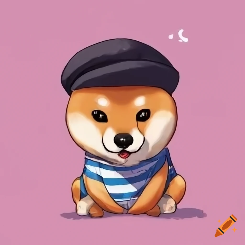 Cute shiba inu with beret leaning on french café wall on Craiyon