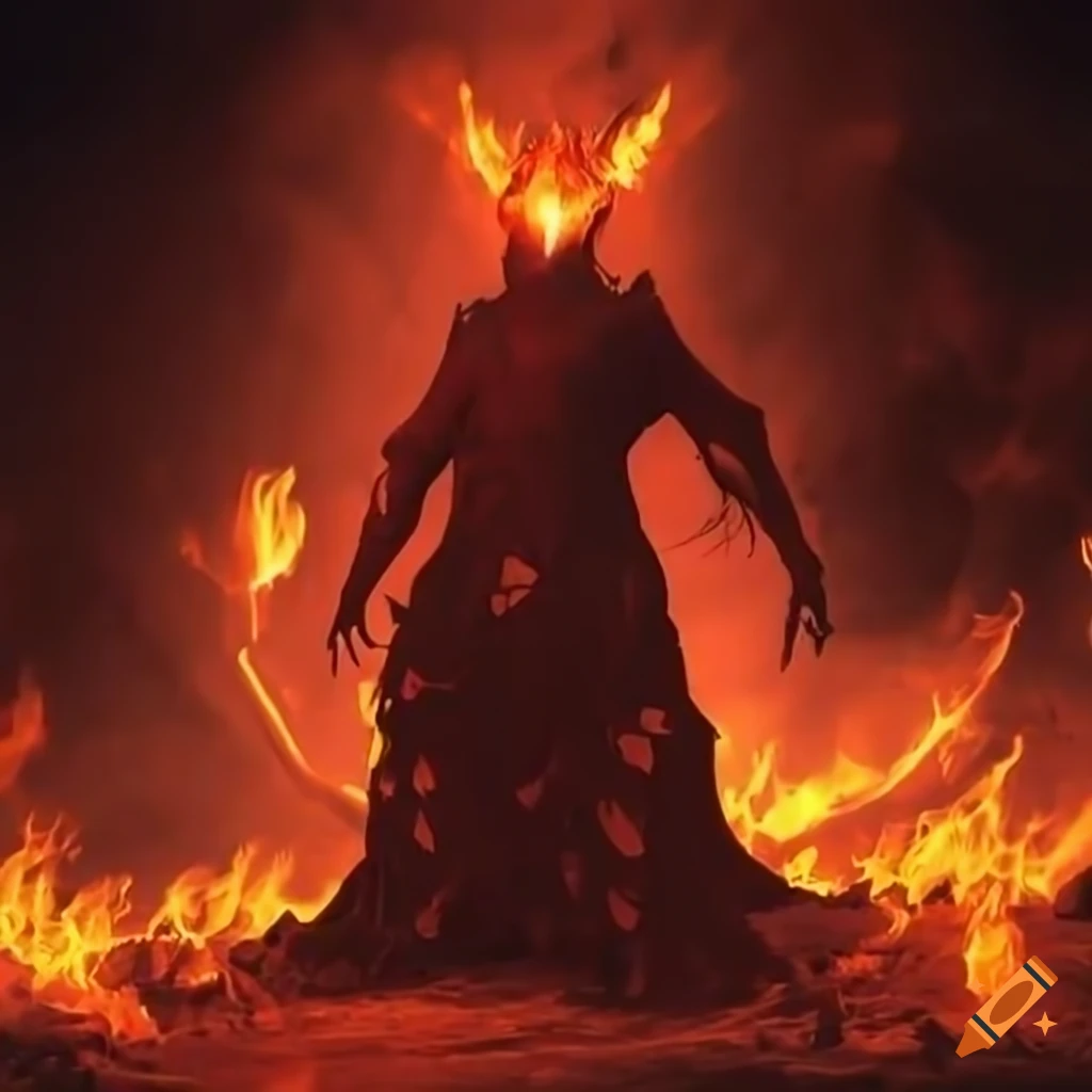 Human with fiery skin facing a red dragon amidst flames in a desert ...