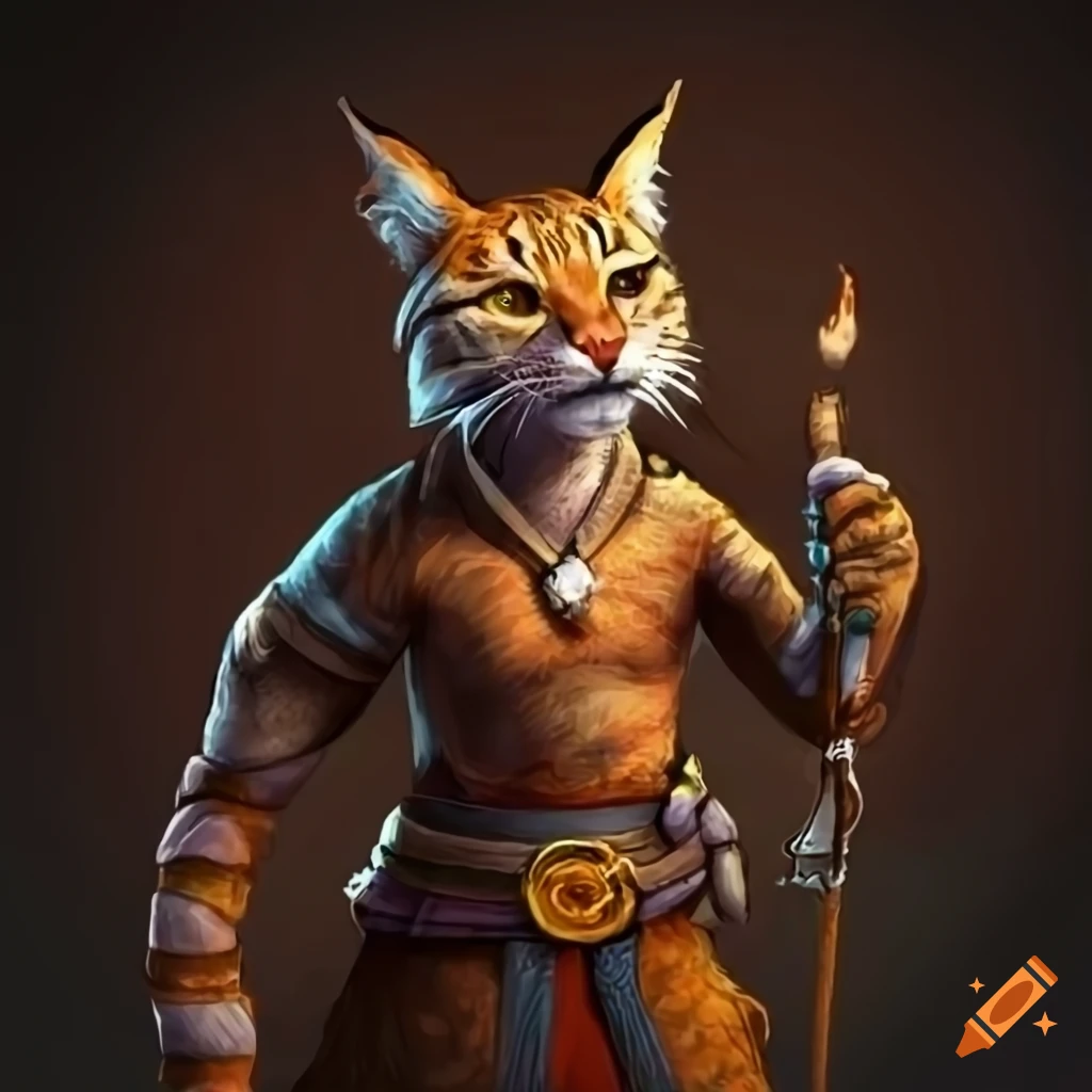 Detailed depiction of a bobcat tabaxi male wizard on Craiyon