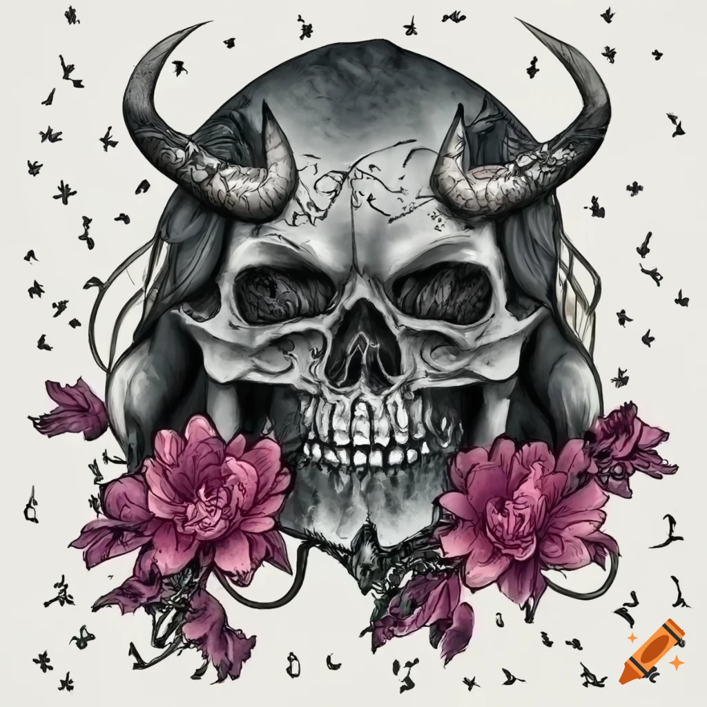 Gothic demon skull holding a blooming flower in a fantasy setting on ...