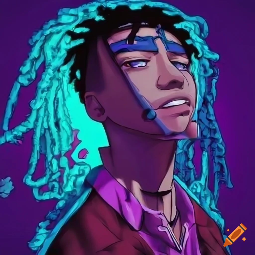 Intelligent young man with purple locs deep in thought in manga style ...