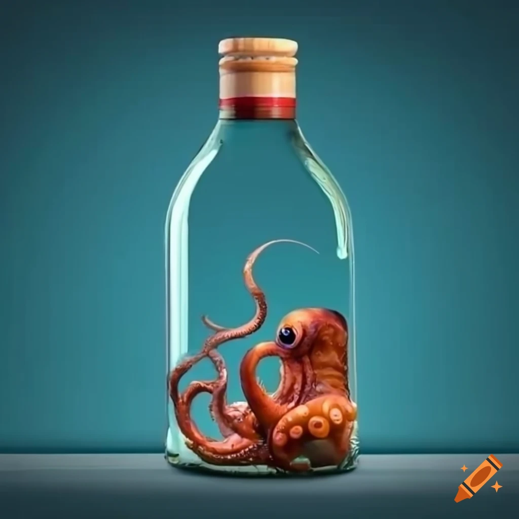 Realistic bottle with a trapped octopus inside on Craiyon