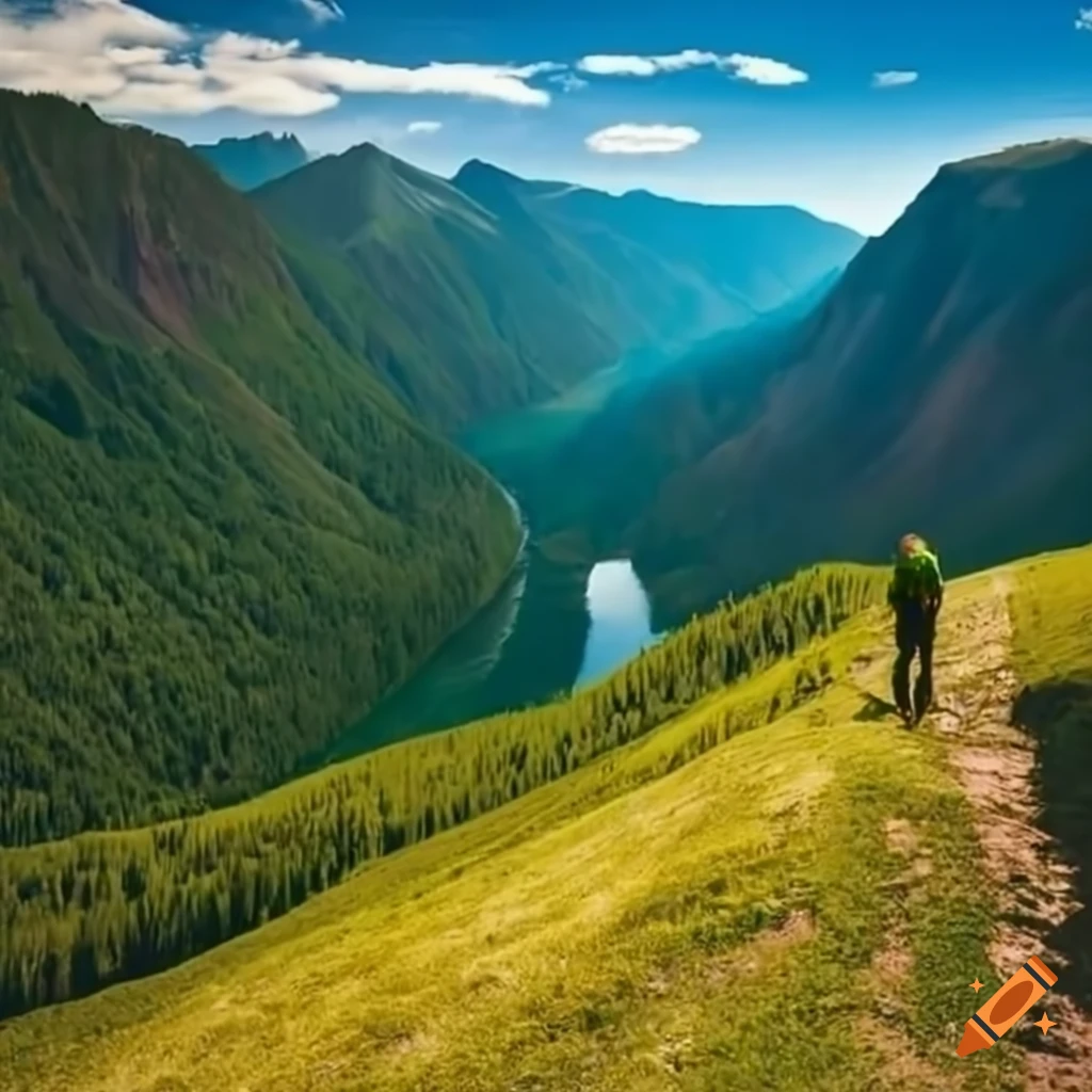 Hiker setting out on adventure in a beautiful valley on Craiyon