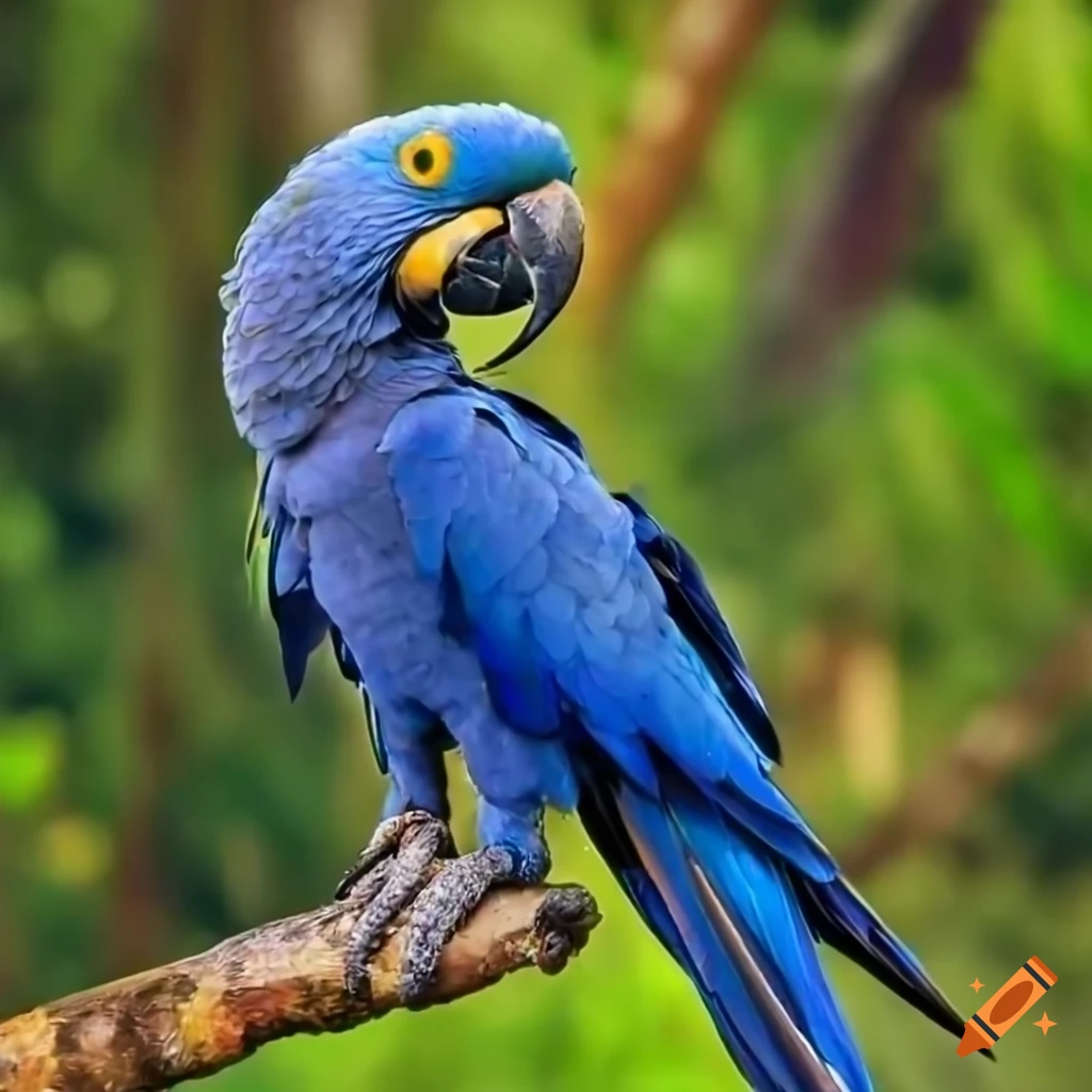 Hyacinth macaws perched among lush greenery in the Amazon rainforest on Craiyon