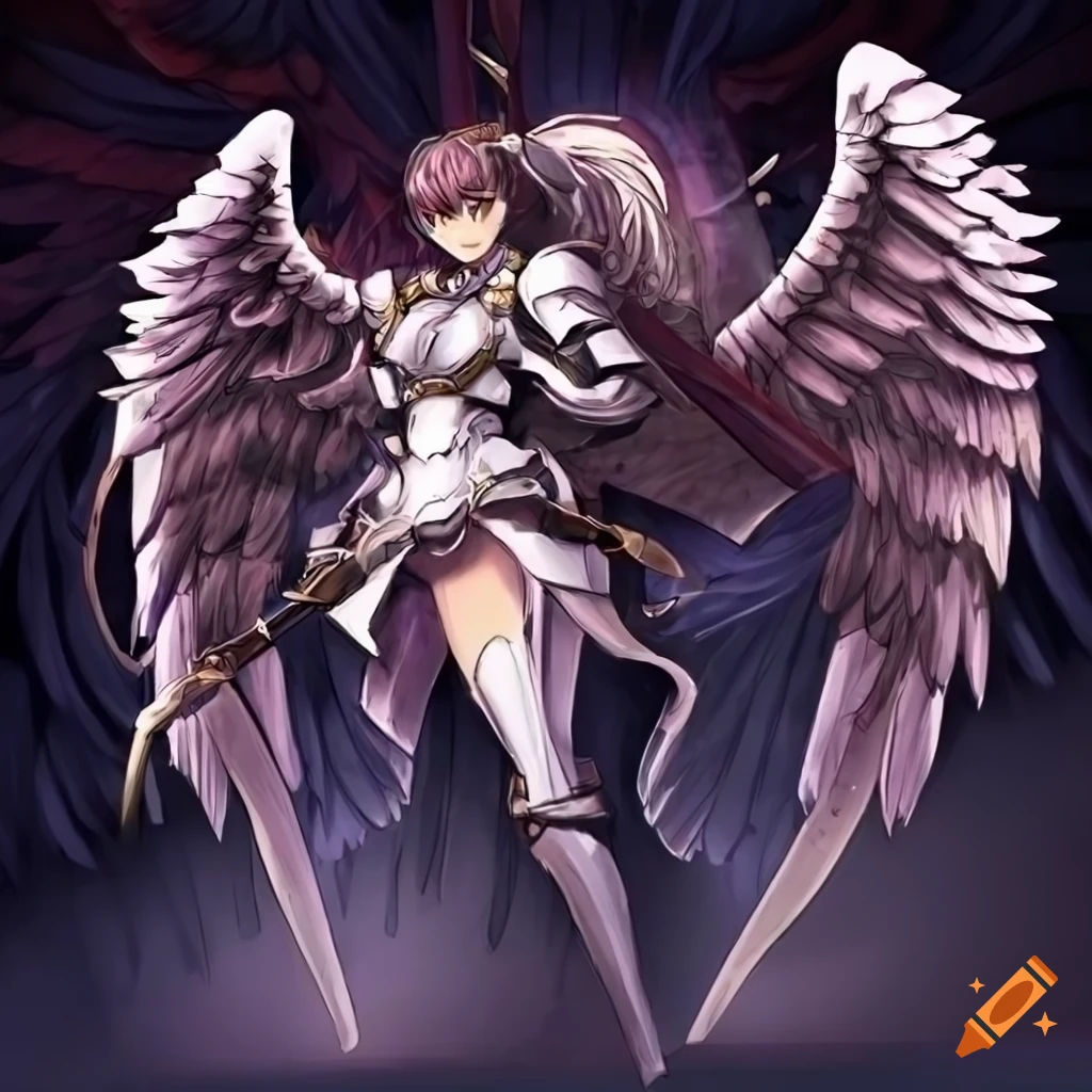 Anime drawing of a winged brunette angel in armor with a sword mecha on ...