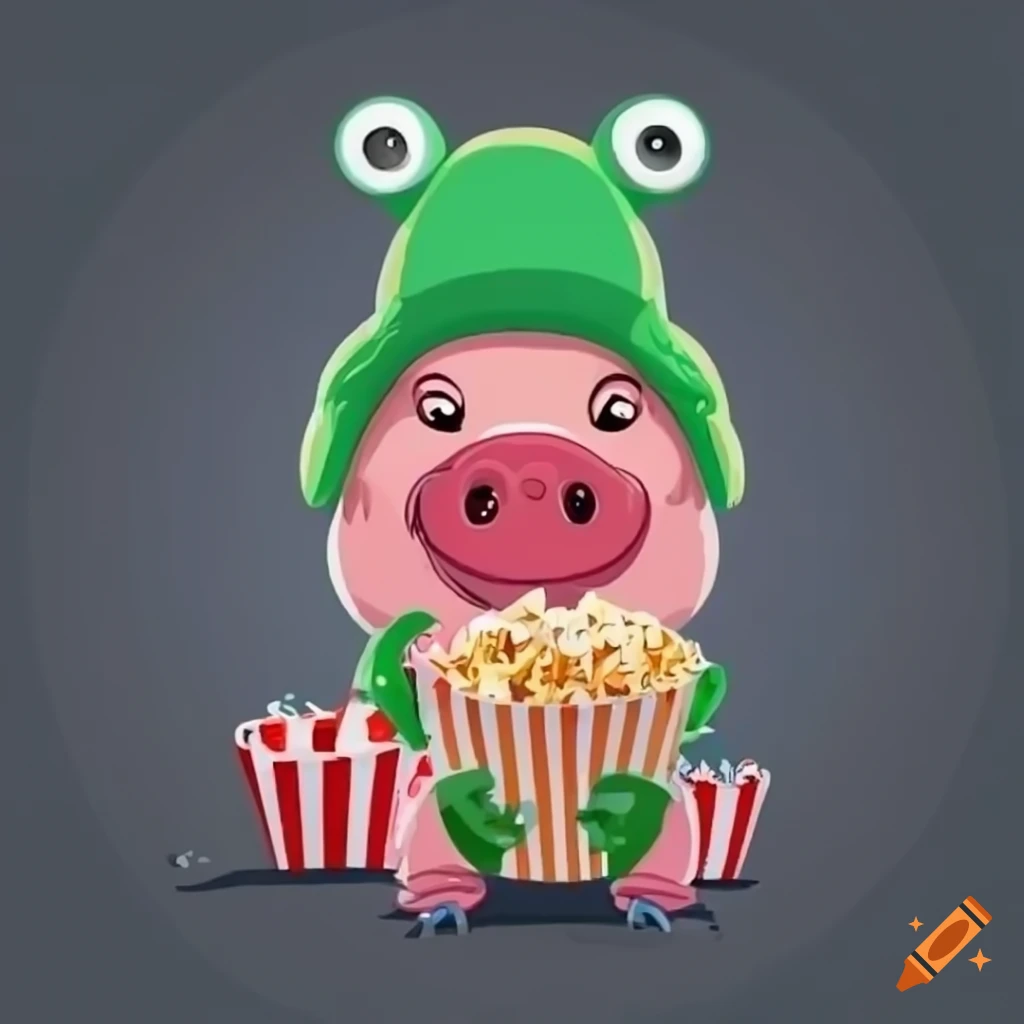 Adorable cartoon pig in a frog hat eating popcorn on Craiyon
