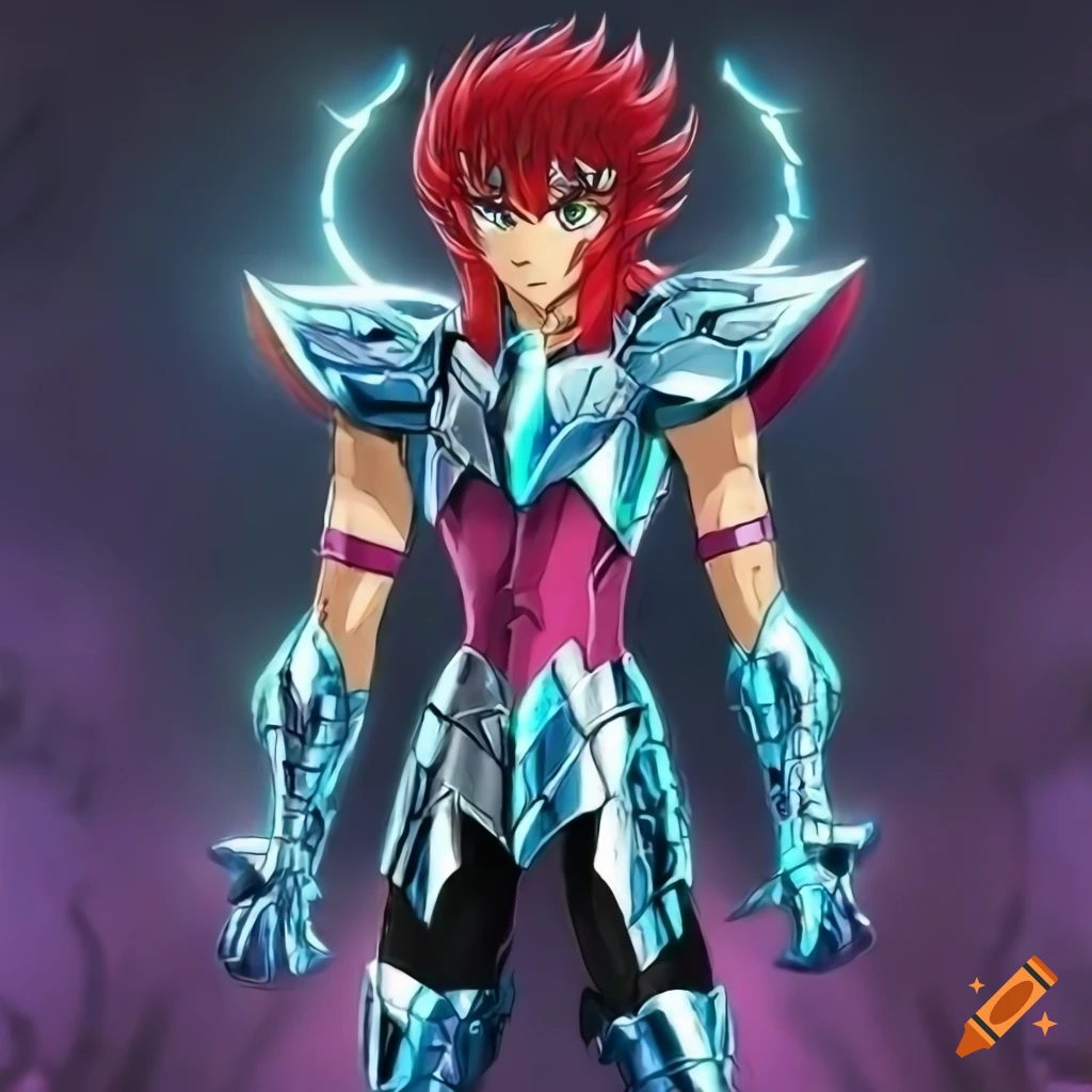 Art of saint seiya in silver sagittarius armor with red hair and blue ...