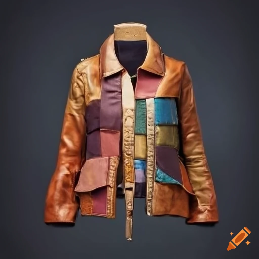 Artisan patchwork leather jacket with intricate stitching and embossed ...