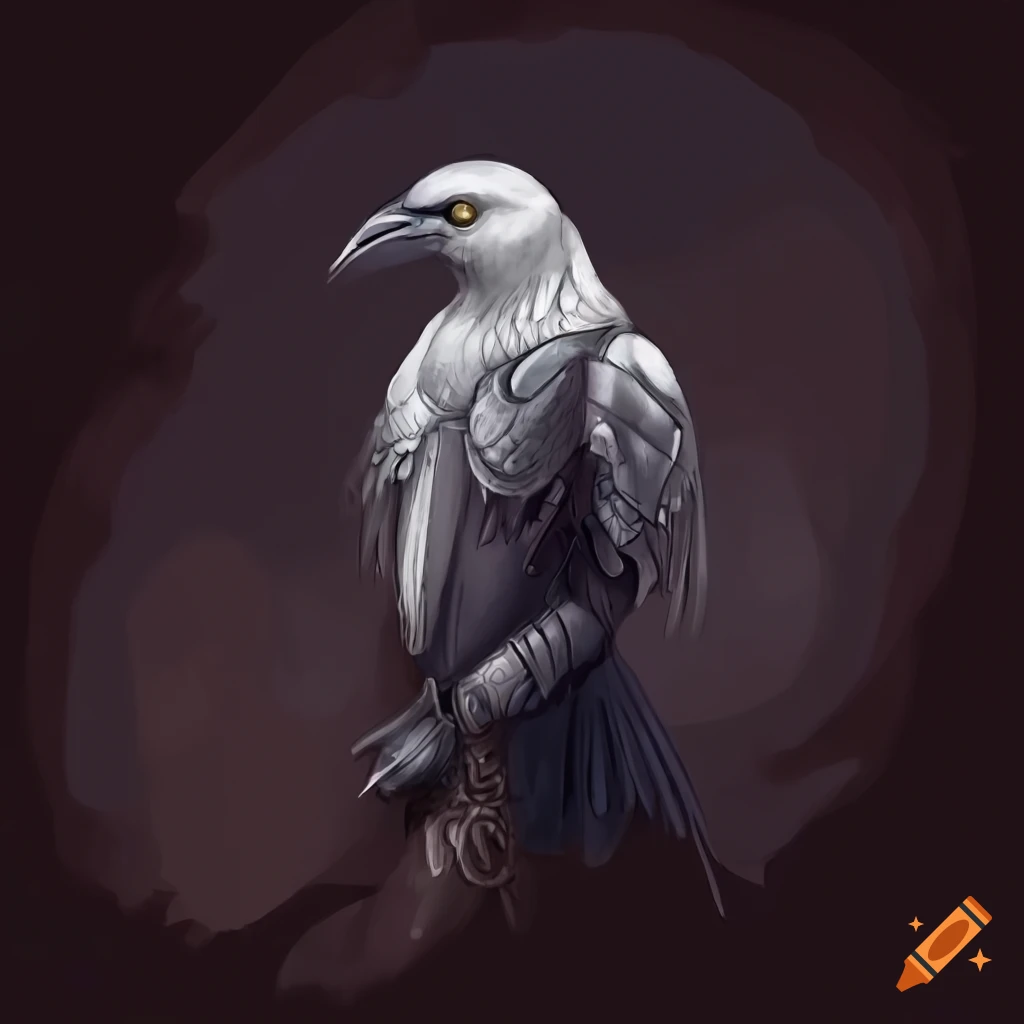 White raven character in moon-embellished armor on Craiyon