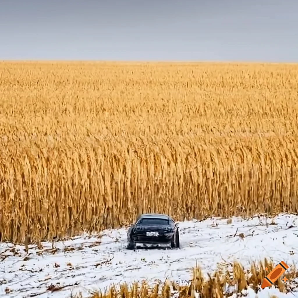 Car drifting through a winter cornfield on Craiyon