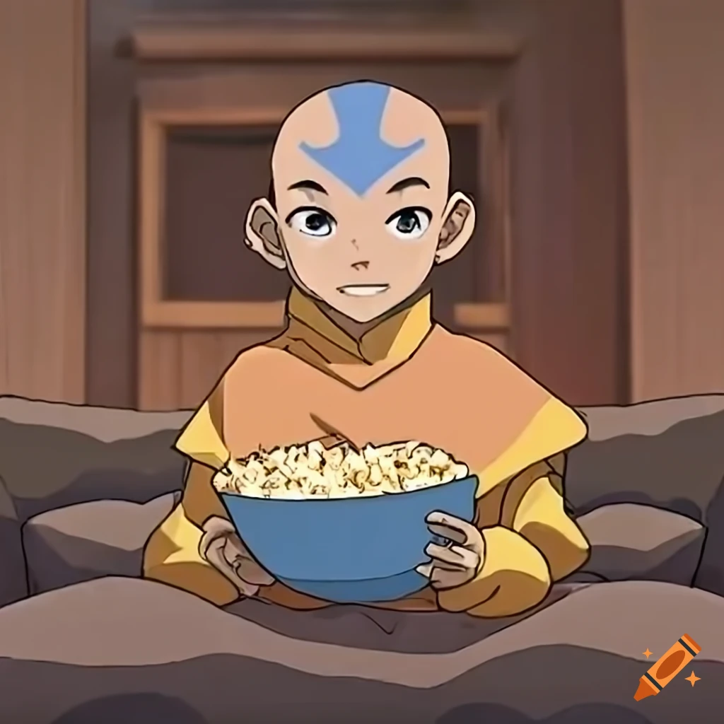 Aang the avatar watching a movie with a bowl of popcorn on Craiyon