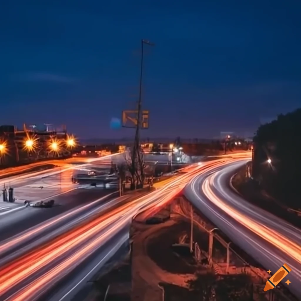 Brightly lit highway intersection at night with orange lights on Craiyon