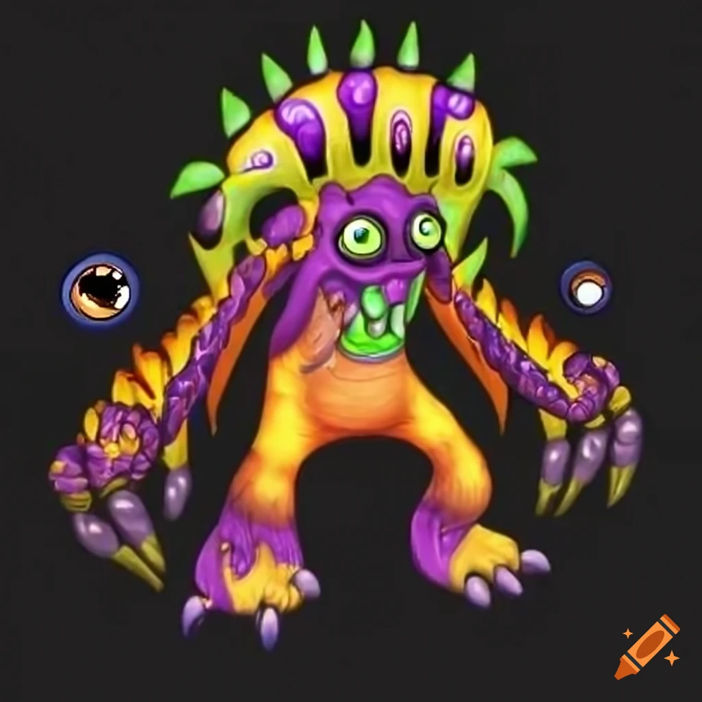 Colorful monster with spikes and four eyes in My Singing Monsters style on Craiyon